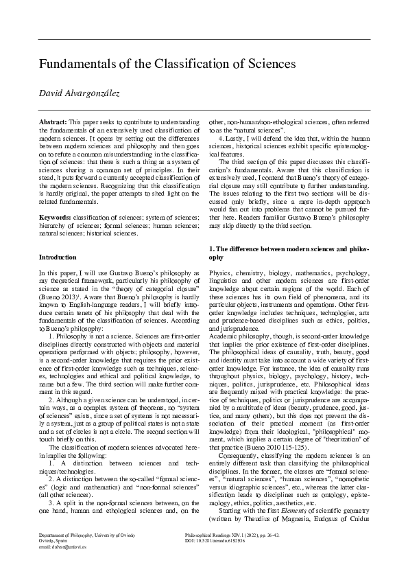 (PDF) Fundamentals of the Classification of Sciences