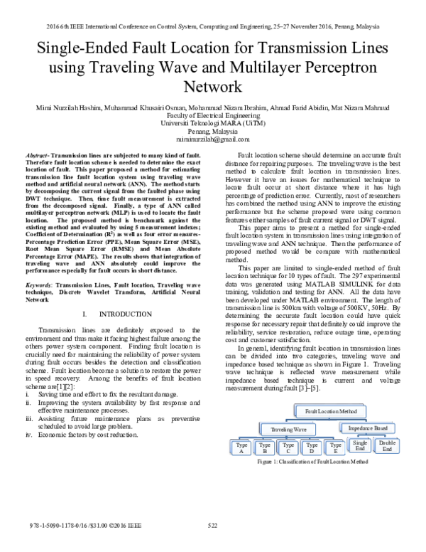 Pdf Single Ended Fault Location For Transmission Lines Using Traveling Wave And Multilayer