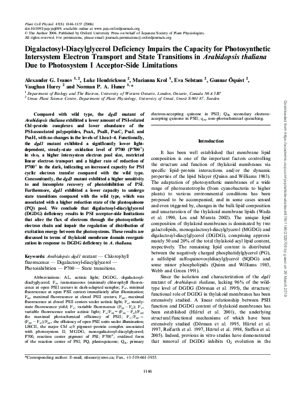 (PDF) Digalactosyl-diacylglycerol deficiency impairs the capacity for ...