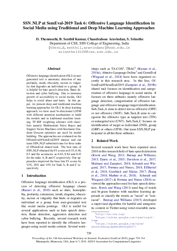 (PDF) SSN_NLP at SemEval-2019 Task 6: Offensive Language Identification in Social Media using ...