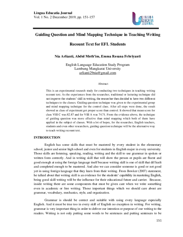 (PDF) Guiding Question and Mind Mapping Technique in Teaching Writing Recount Text for EFL Students