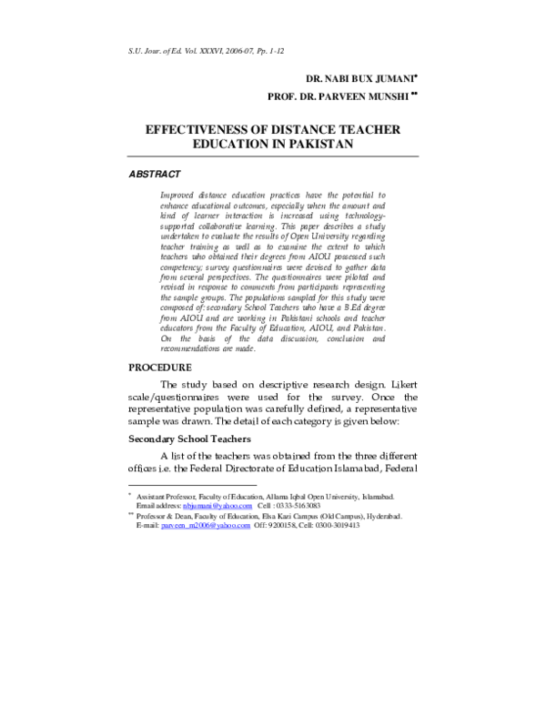 (PDF) Effectiveness of Distance Teacher Education in Pakistan