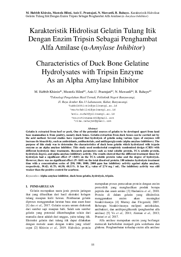 (PDF) Karakteristik Hidrolisat Gelatin Tulang Itik Dengan Enzim Tripsin ...