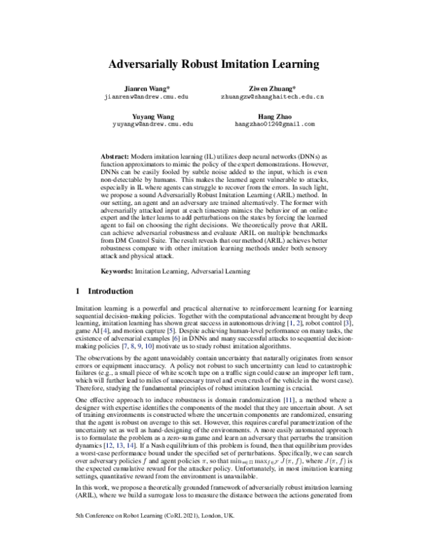 (PDF) Adversarially Robust Imitation Learning