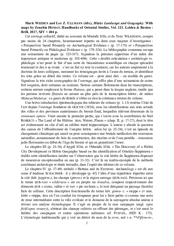 (PDF) Review of Mark WEEDEN and Lee Z. ULLMANN (éds.), Hittite ...