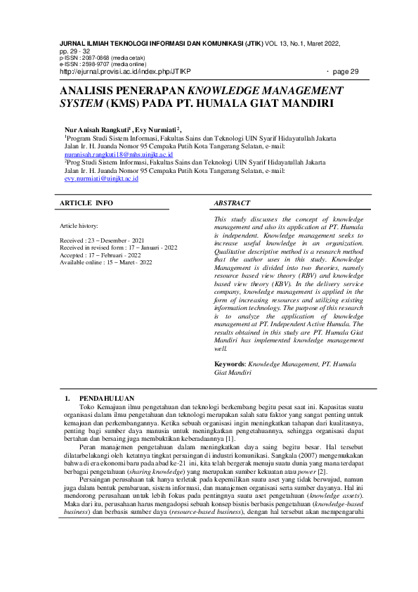 (PDF) Analisis Penerapan Knowledge Management System (KMS) Pada Pt. Humala Giat Mandiri | Evy ...