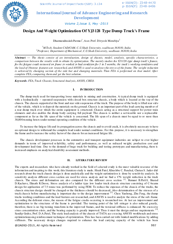 (PDF) Design and Weight Optimization of YJ3128 Type Dump Truck’s Frame