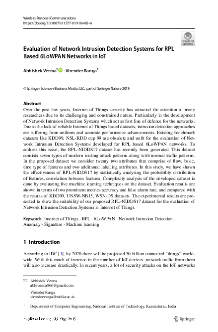(PDF) Evaluation of Network Intrusion Detection Systems for RPL Based 6LoWPAN Networks in IoT