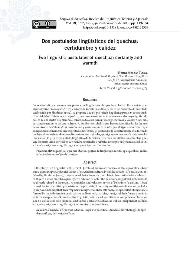 (PDF) Dos postulados lingüísticos del quechua: certidumbre y calidez ...