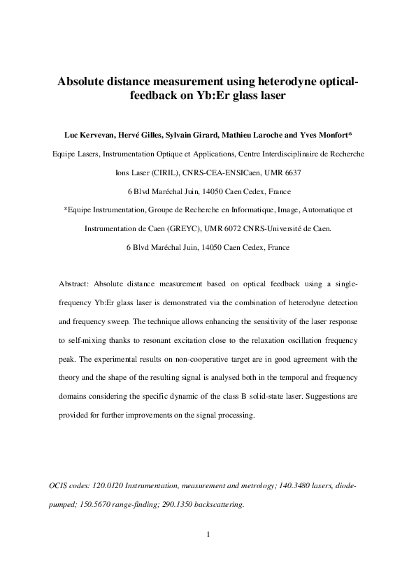 (PDF) Absolute distance measurement using heterodyne optical feedback ...