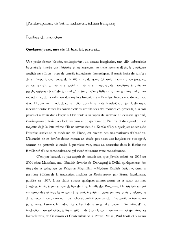 (PDF) Postface à la traduction française de Pandavapuram de Sethu (A ...