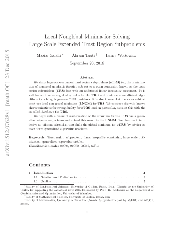 Pdf Local Nonglobal Minima For Solving Large Scale Extended Trust Region Subproblems