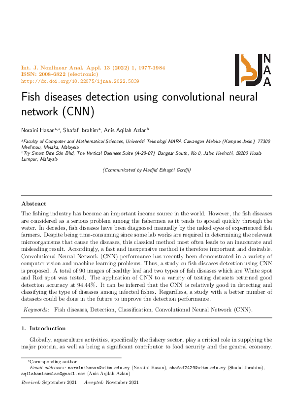 (PDF) Fish diseases detection using convolutional neural network (CNN)