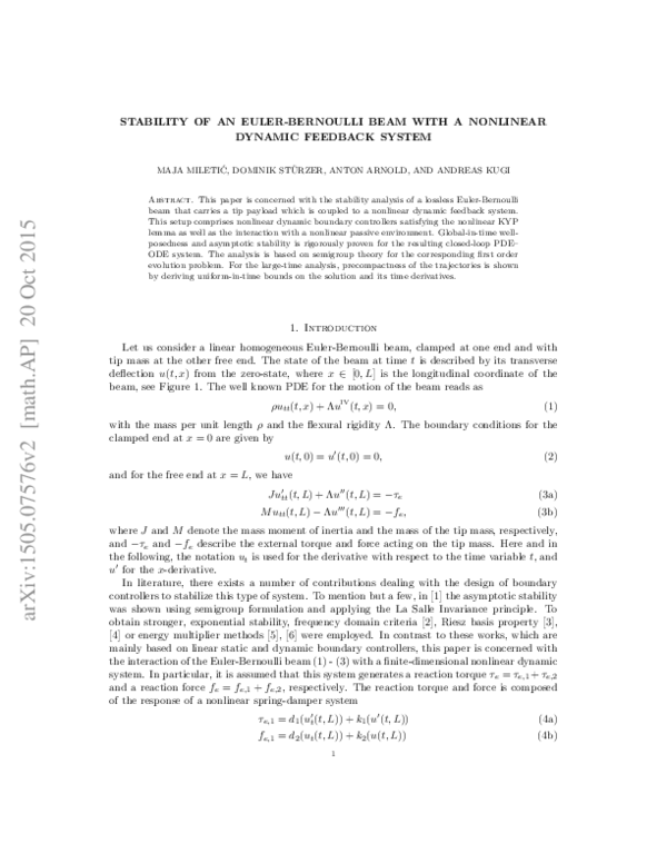 (PDF) Stability of an Euler-Bernoulli Beam With a Nonlinear Dynamic Feedback System
