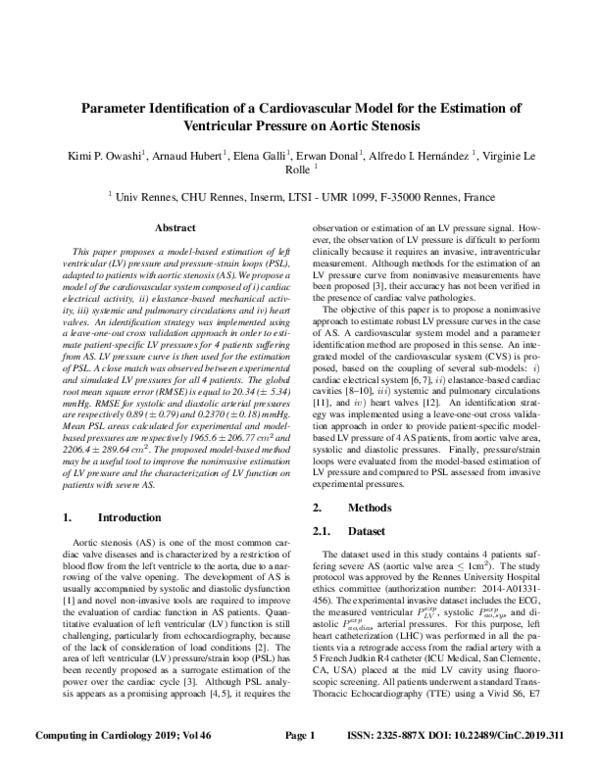 Pdf Parameter Identification Of A Cardiovascular Model For The Estimation Of Ventricular