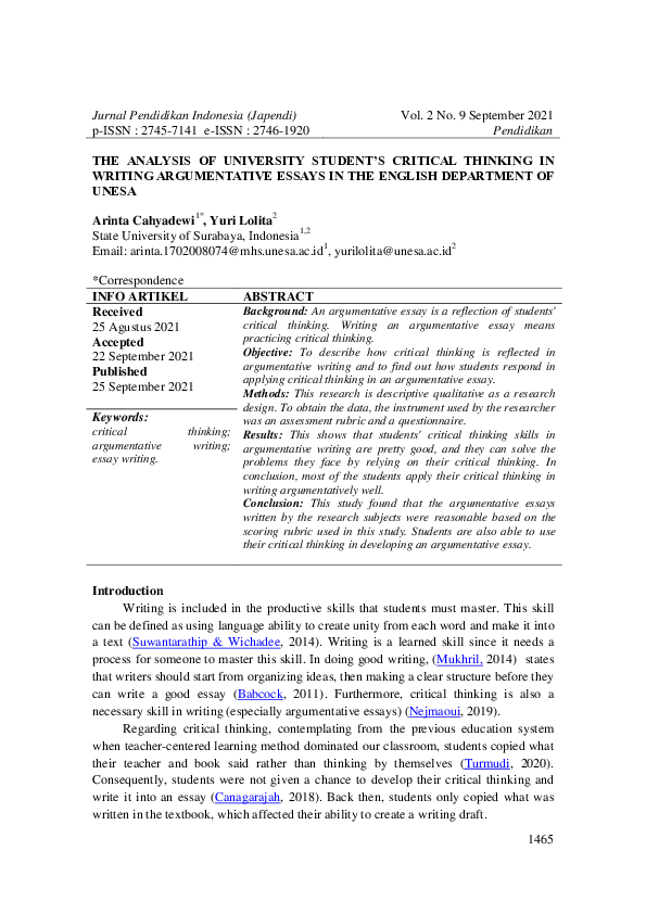 (PDF) The Analysis of University Student’s Critical Thinking in Writing ...