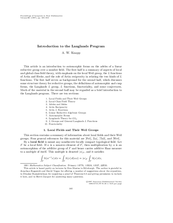 (PDF) An introduction to the Langlands program