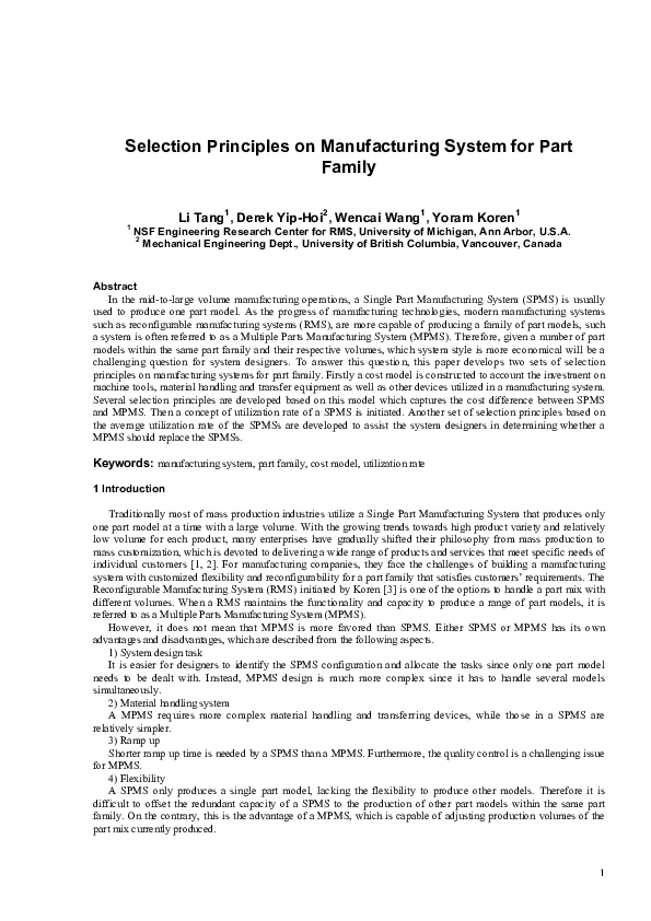 (PDF) Selection principles on manufacturing system for part family