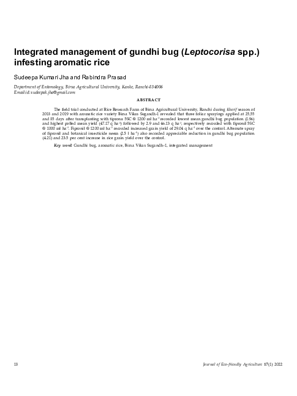 (PDF) Integrated management of gundhi bug (Leptocorisa spp.) infesting ...