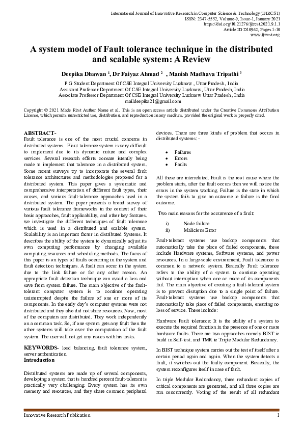 Doc A System Model Of Fault Tolerance Technique In The Distributed