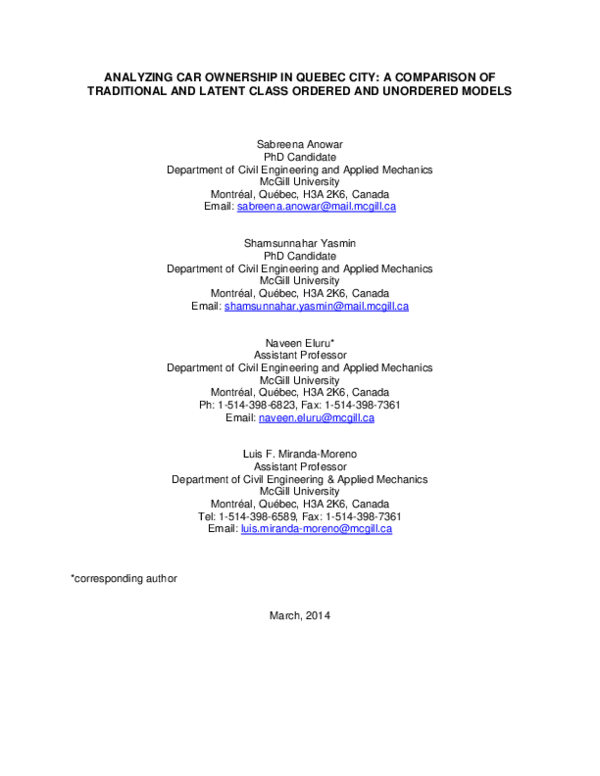 (PDF) Analyzing car ownership in Quebec City: a comparison of ...