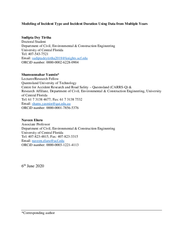 (PDF) Modeling of incident type and incident duration using data from multiple years