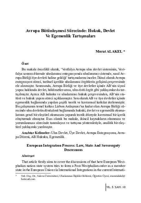 (PDF) Avrupa Bütünleşmesi Sürecinde: Hukuk, Devlet Ve Egemenlik Tartışmaları