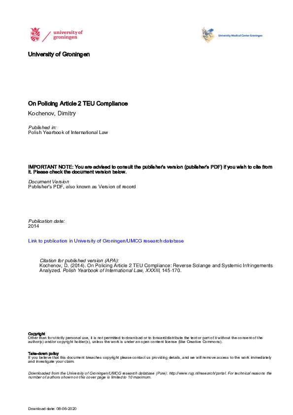 (PDF) On Policing Article 2 TEU Compliance Reverse Solange and Systemic ...