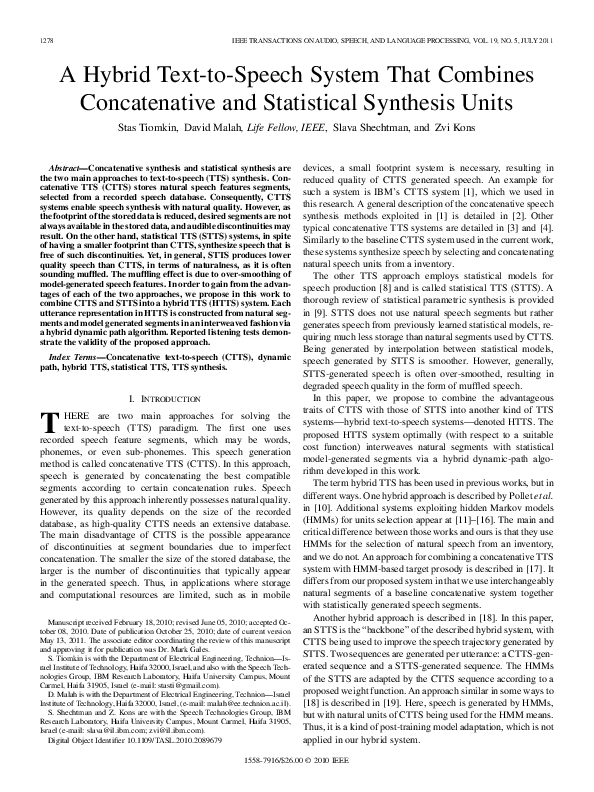 Pdf A Hybrid Text To Speech System That Combines Concatenative And Statistical Synthesis Units