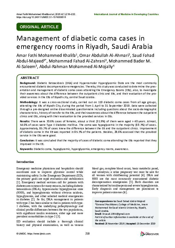(PDF) Management of diabetic coma cases in emergency rooms in Riyadh ...