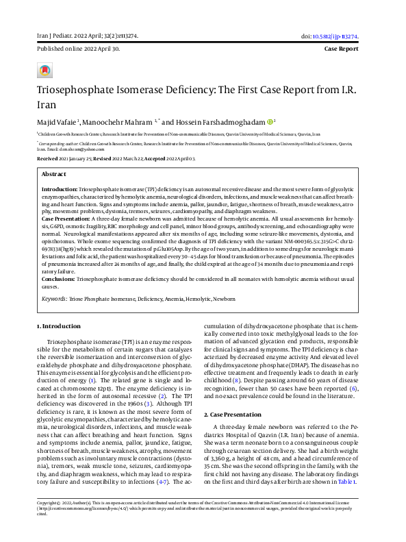 (PDF) Triosephosphate Isomerase Deficiency: The First Case Report from ...