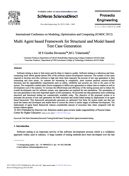 Pdf Multi Agent Based Framework For Structural And Model Based Test Case Generation