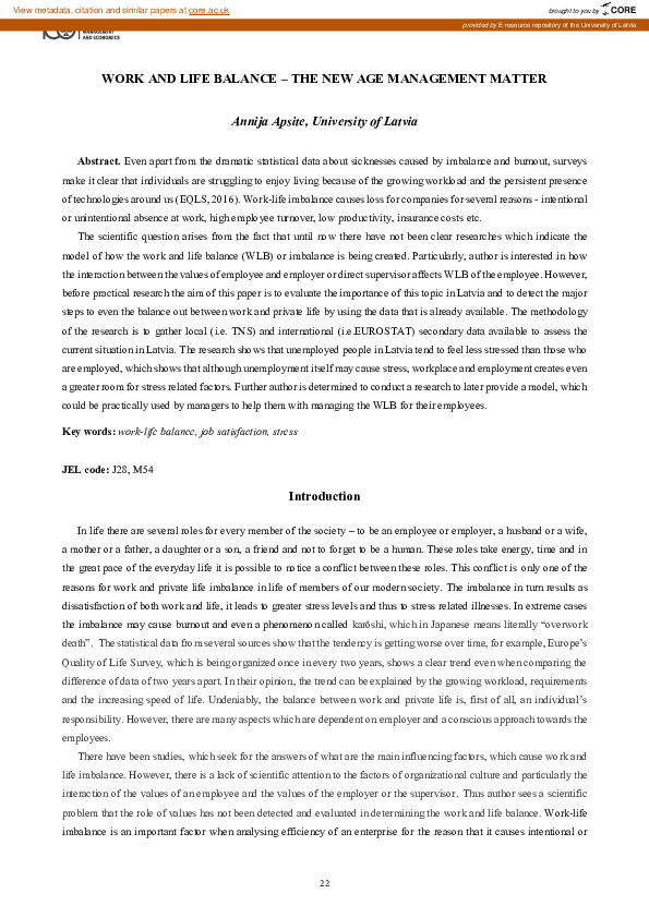 (PDF) Work and Life Balance the New Age Management Matter