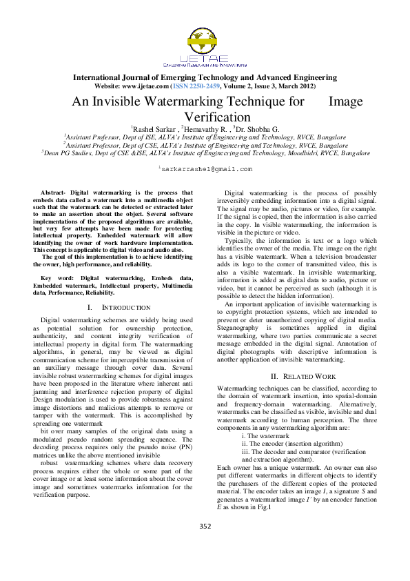Pdf An Invisible Watermarking Technique For Image Verification