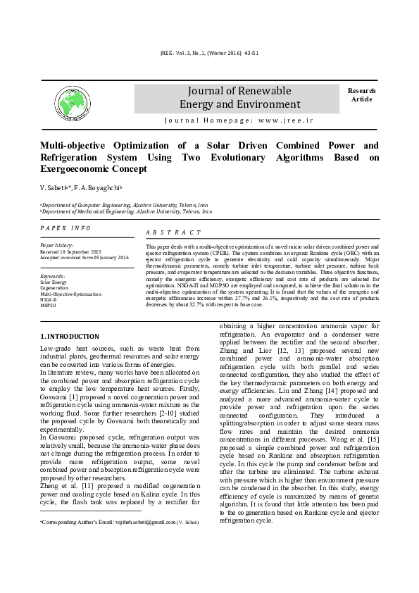 Pdf Multi Objective Optimization Of A Solar Driven Combined Power And Refrigeration System