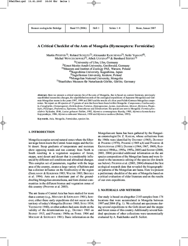 (PDF) A critical checklist of the ants of Mongolia (Hymenoptera: Formicidae)
