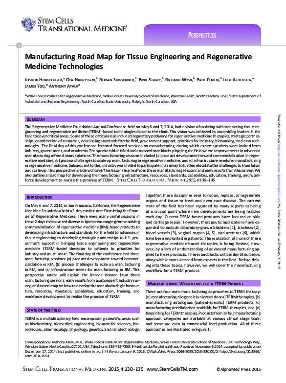 (PDF) Manufacturing Road Map for Tissue Engineering and Regenerative ...