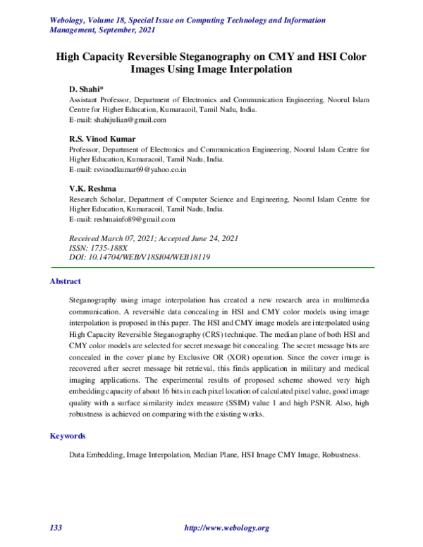 (PDF) High Capacity Reversible Steganography on CMY and HSI Color Images Using Image ...