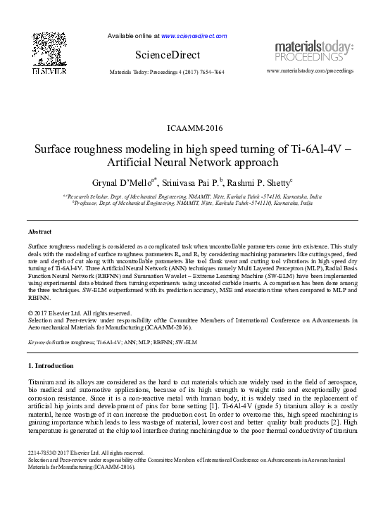 Pdf Surface Roughness Modeling In High Speed Turning Of Ti 6al 4v Using Response Surface