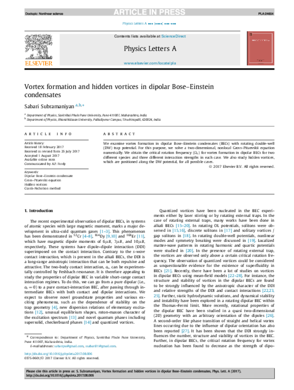 Pdf Vortex Formation And Hidden Vortices In Dipolar Bose Einstein Condensates