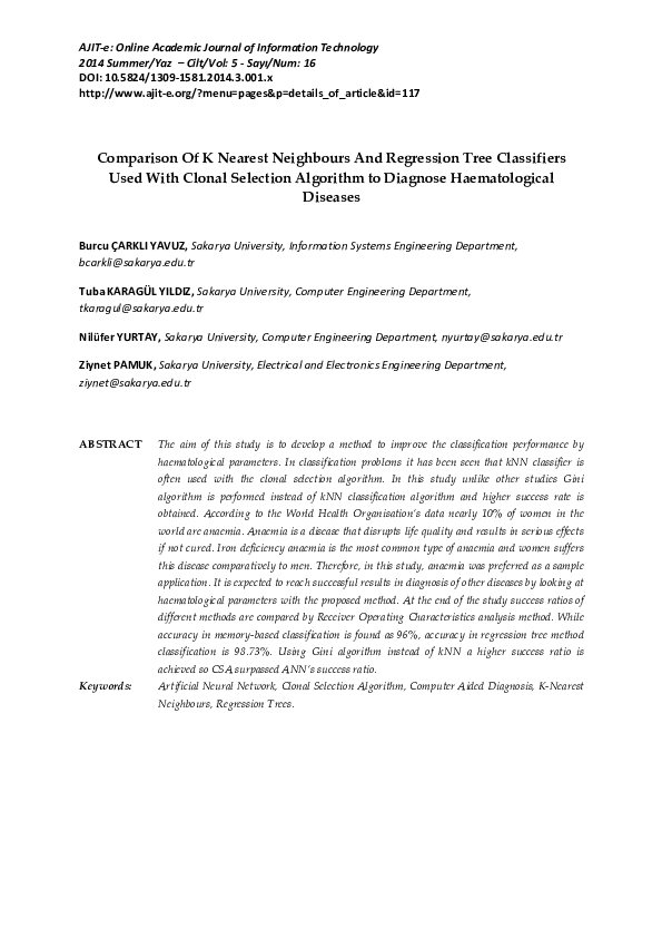 Pdf Comparison Of K Nearest Neighbours And Regression Tree Classifiers Used With Clonal