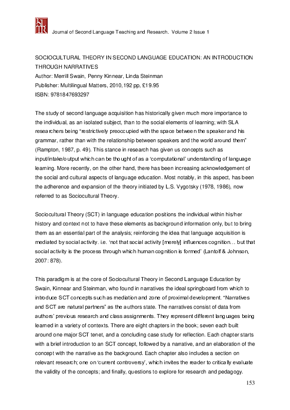 (PDF) SOCIOCULTURAL THEORY IN SECOND LANGUAGE EDUCATION: AN INTRODUCTION THROUGH NARRATIVES by ...