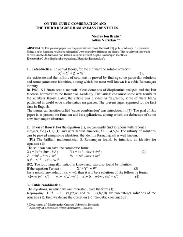 (PDF) On the cubic combination and the third degree Ramanujan identities