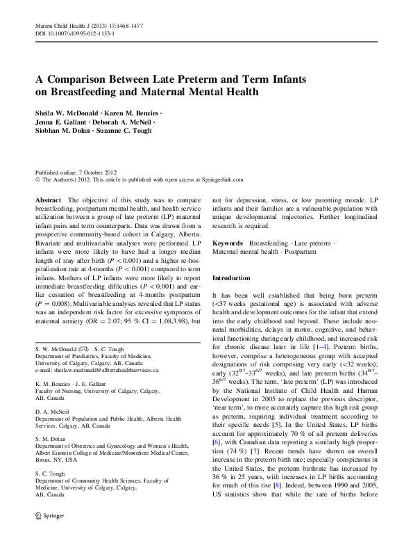 (PDF) Late Preterm vs. Term Infants: Breastfeeding & Mental Health