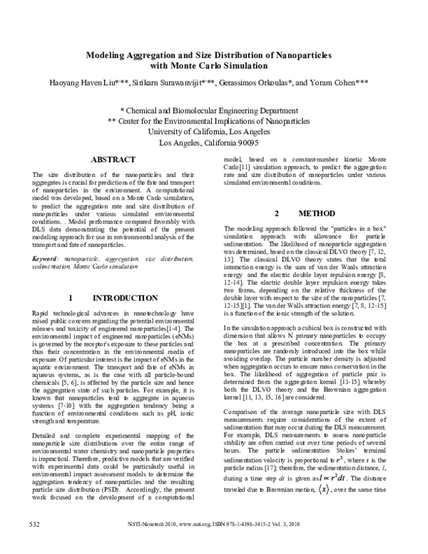 (PDF) Modeling Aggregation and Size Distribution of Nanoparticles with Monte Carlo Simulation