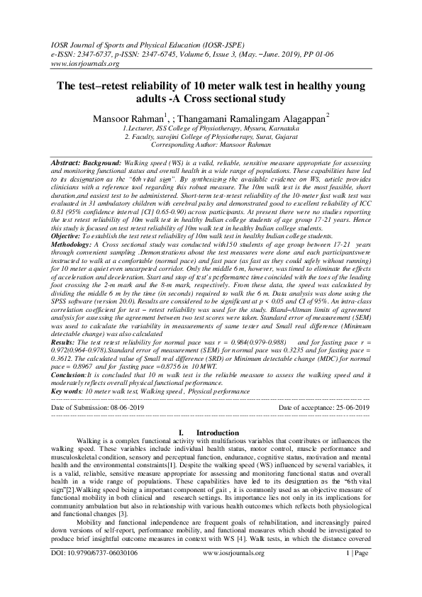 (PDF) Test–retest reliability of the 10-meter walk test in ambulatory ...