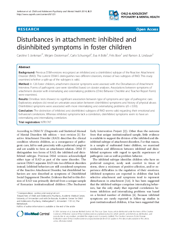 (PDF) Disturbances in attachment: inhibited and disinhibited symptoms ...