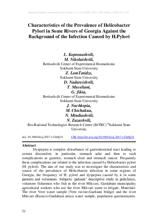 (PDF) Characteristics of the Prevalence of Helicobacter Pylori in Some ...