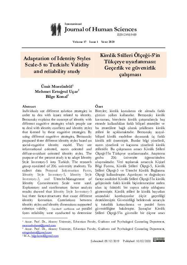 (PDF) Adaptation of Identity Styles Scale-5 to Turkish: Validity and ...