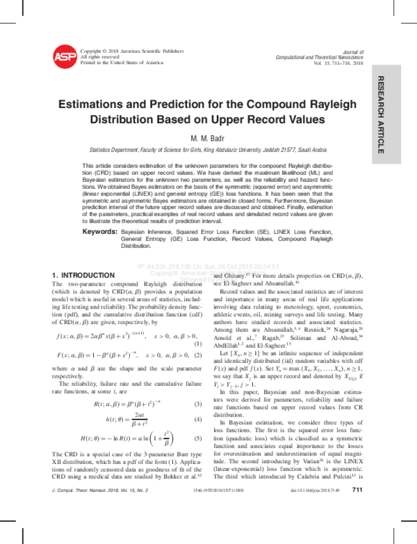 (PDF) Estimations and Prediction for the Compound Rayleigh Distribution Based on Upper Record Values